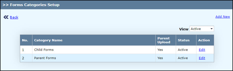 Forms Category Setup