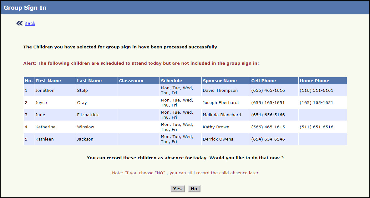 Group Sign In with Absence Alert