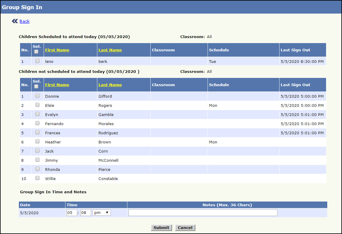 Group Sign In with Absence Alert