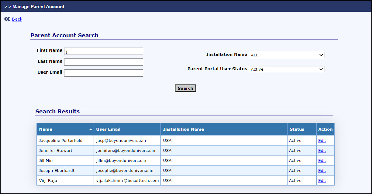 Manage Parent Account