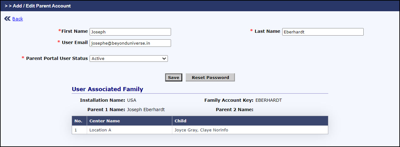 Manage Parent Account